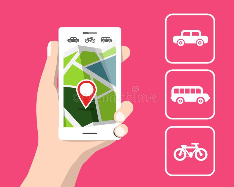 Vector Map on Cellphone. Travel by Car, Bicycle and Bus Stock Vector ...