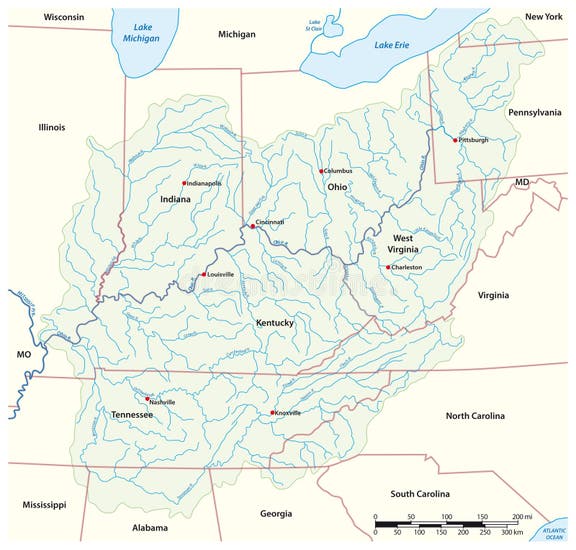Vector Map Drainage Basin of the Ohio River, USA Stock Vector ...