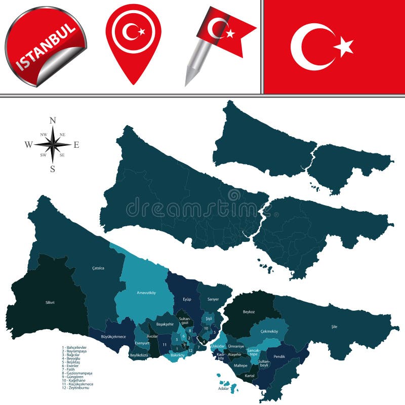 Map of Istanbul with Districts Stock Vector - Illustration of kartal ...