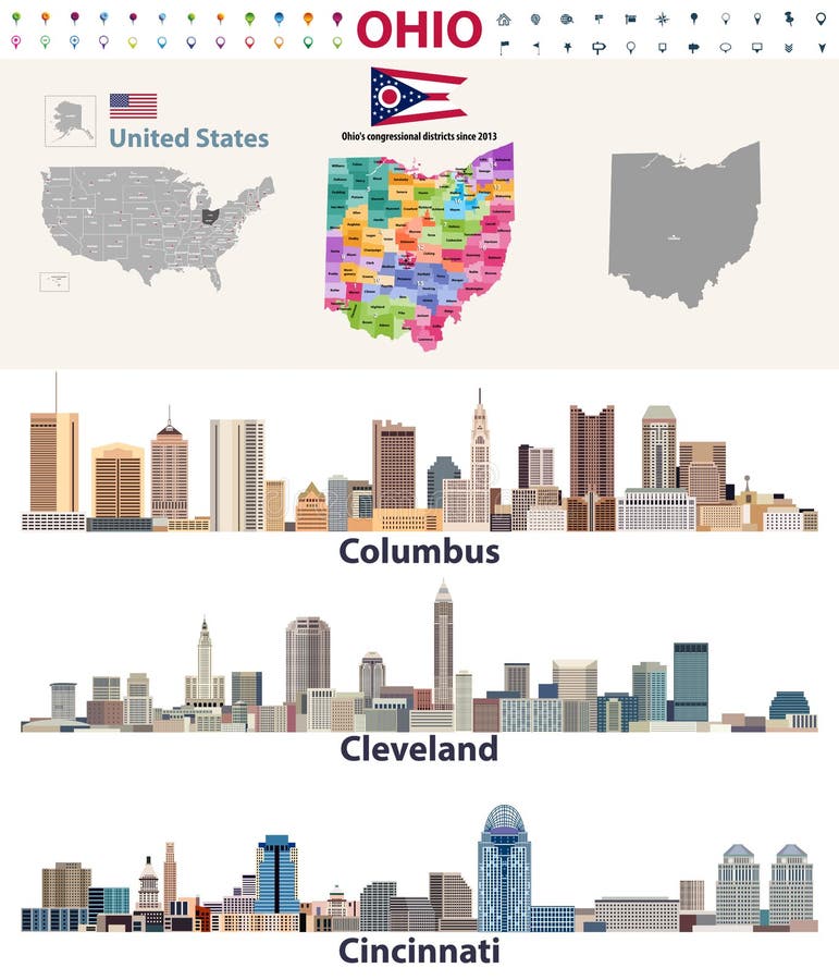 Vector Map and Major Cities of Ohio State Stock Vector - Illustration ...