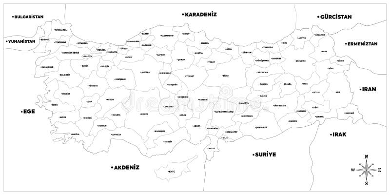 Vector Map of Turkey Monochrome Contour Map with City Names Stock ...