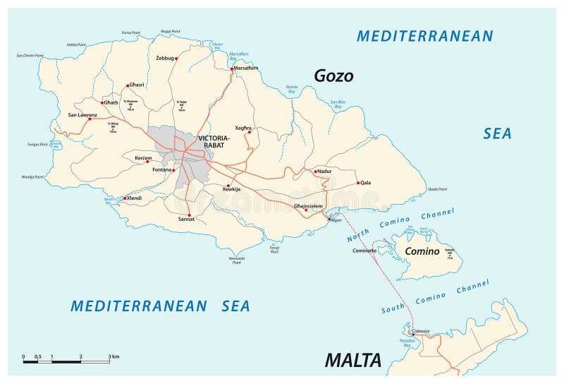 Vector Road Map of the Two Maltese Islands Gozo and Comino, Malta Stock ...