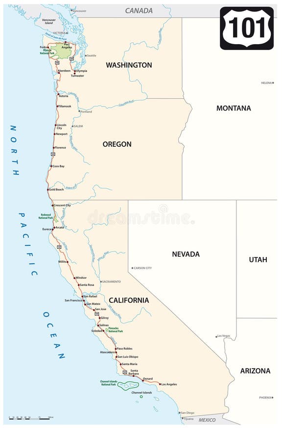 Vector Map of Us Highway 101 on the West Coast of the USA Stock Vector ...