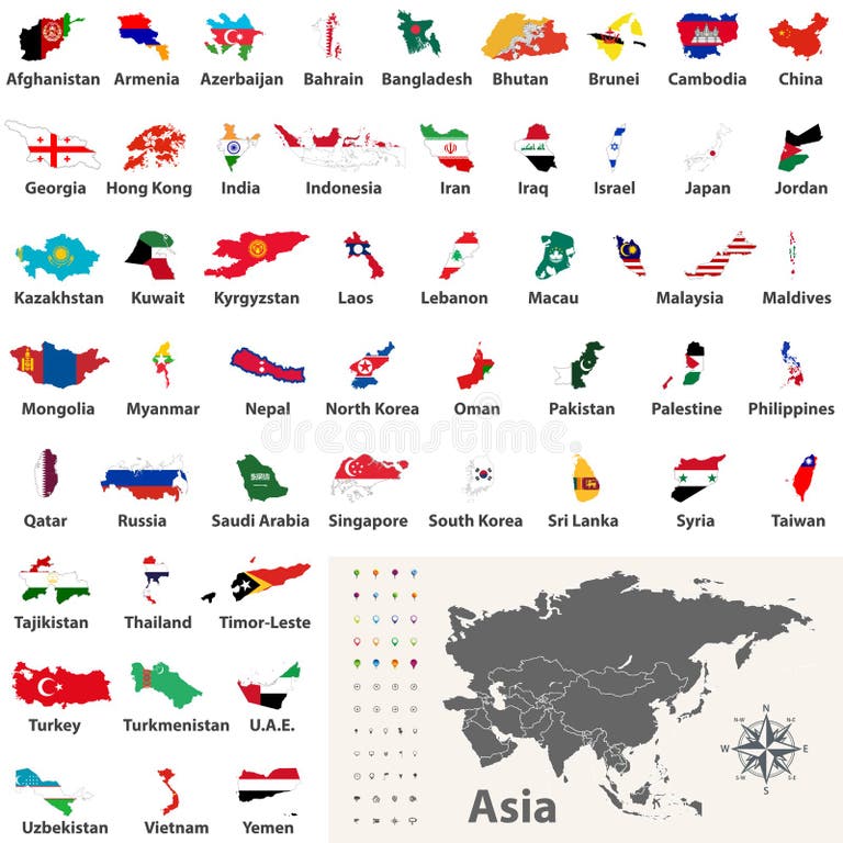 Vector Maps and Flags of All Asian Countries Arranged in Alphabetical ...