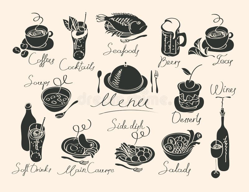 Vector Menu with Sketches Different Dishes Stock Vector - Illustration ...