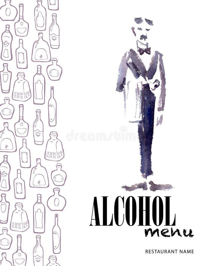 Vector Menu Template with Bottles and Watercolor Waiter. Stock Vector ...
