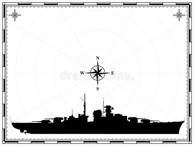 Vector Military Ship on the Background of the Map. Wind Rose Stock ...