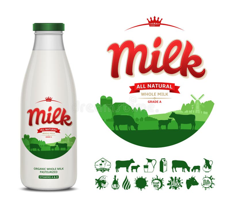 Vector Milk Label. Glass Bottle Mockup. Milk Icons and Badges Stock ...