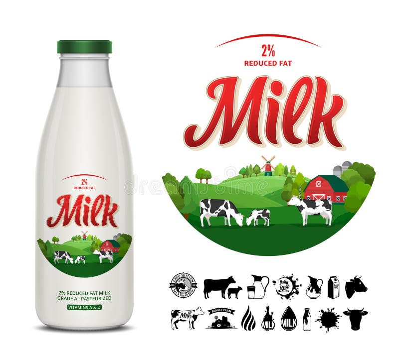 Vector Milk Label. Glass Bottle Mockup. Milk Icons and Badges Stock ...