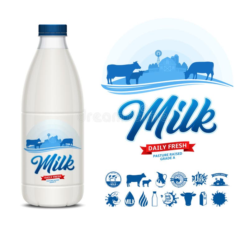 Vector Milk Label. Plastic Bottle Mockup. Milk Icons and Badges Stock ...