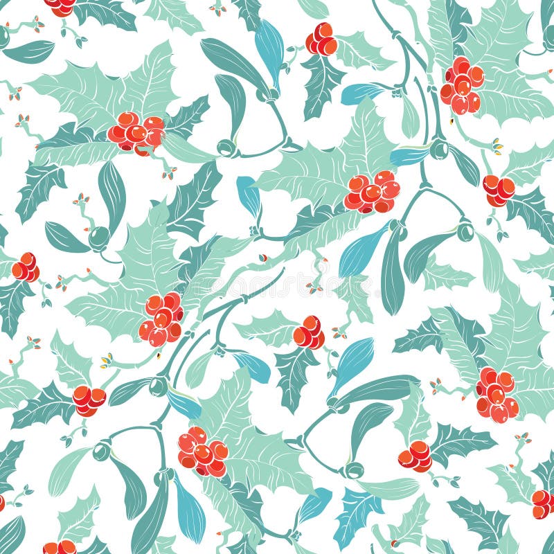 Vector Mistletoe Holly Berries Blue Red Seamless Stock Vector - Illustration of backdrop, pale ...