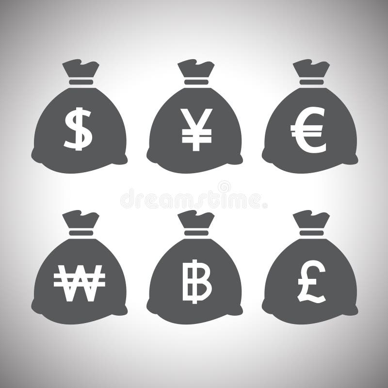 Money Bag Icon Set with Currency Symbol Stock Vector - Illustration of ...