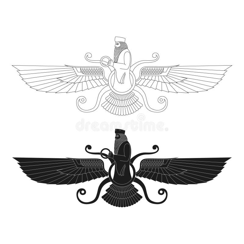 Vector Monochrome Icon with Ancient Sumerian Symbol Faravahar Stock ...