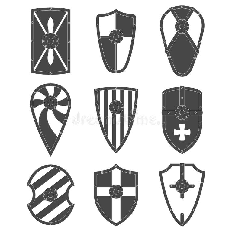 Vector Monochrome Icon Set with Ancient Shields Stock Vector ...