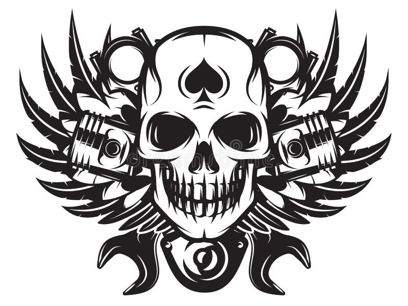 Vector Monochrome Image on Motorcycle Theme with Skull, Wings, Engine ...