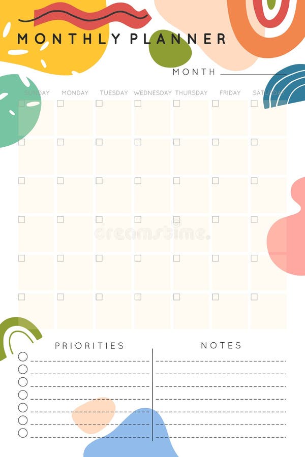 Vector Monthly Planner Template with Abstract Hand Drawn Organic Shapes ...