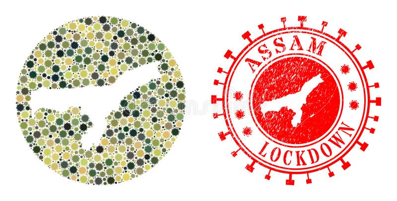 Lockdown Grunge Stamp and Virus Mosaic Hole Assam State Map in Camo ...