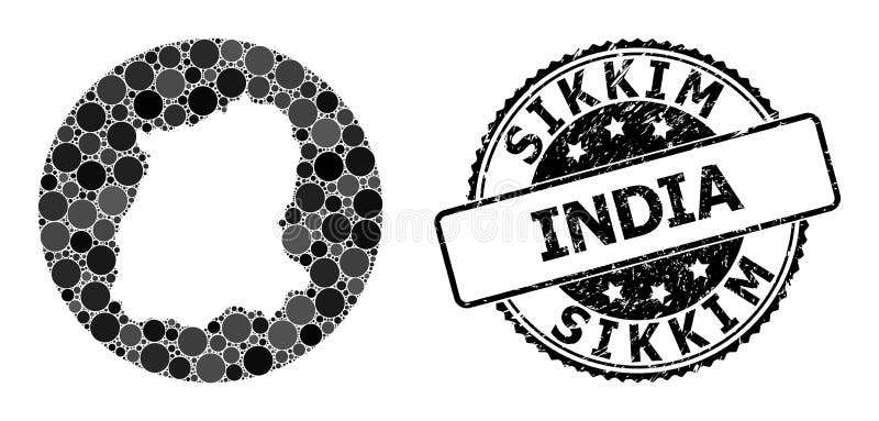 Mosaic Stencil Circle Map of Sikkim State and Scratched Stamp Stock ...