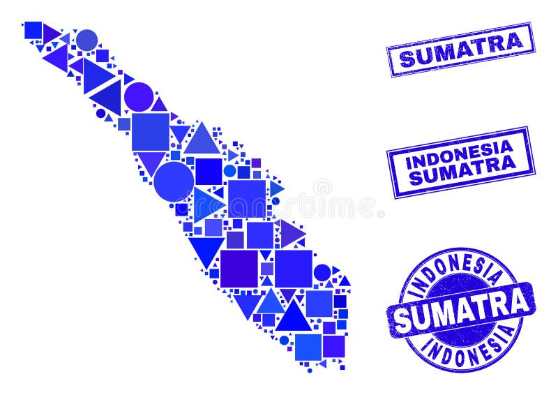 Blue Geometric Mosaic Sumatra Map and Seals Stock Vector - Illustration ...