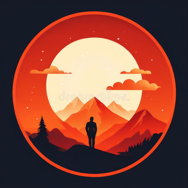 Mountain Sunset Illustration. Man in the Mountains at Sunset Stock ...
