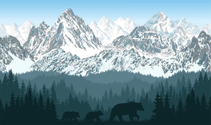 Vector Mountains Forest Woodland Seamless Pattern with Black Bear ...