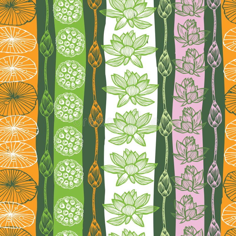 Vector Multi Colour Vertical Rows of Lotus Flower, Leaf and Seed Pods ...