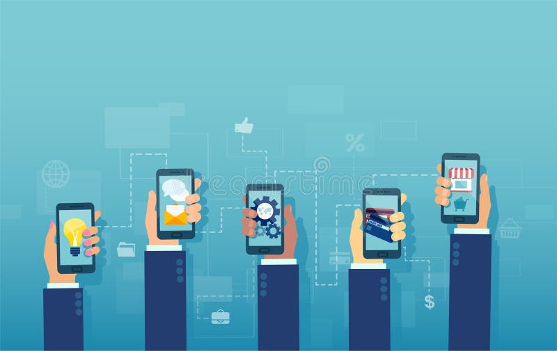 Mobile Applications Concept. Hands with Phones. Flat Vector ...