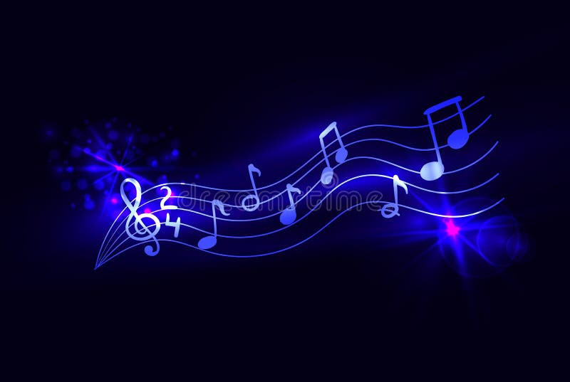 Vector Music Notes Glowing Background, Bright Blue Colors, Glittering ...