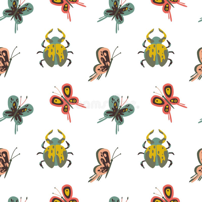 Vector Naive Pattern with Insects. Butterfly, Bug. Stock Vector ...