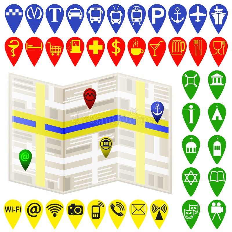 Vector Navigation Map and Map Navigation Icons and Pin on White Stock ...
