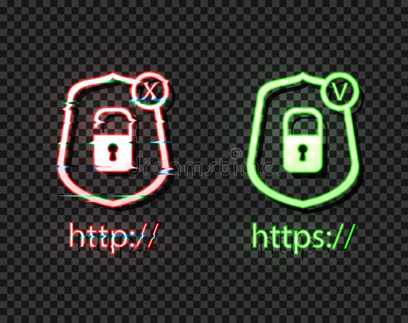 Vector Neon Icons: Http and Https Protocols with Lock, Bright Symbols ...