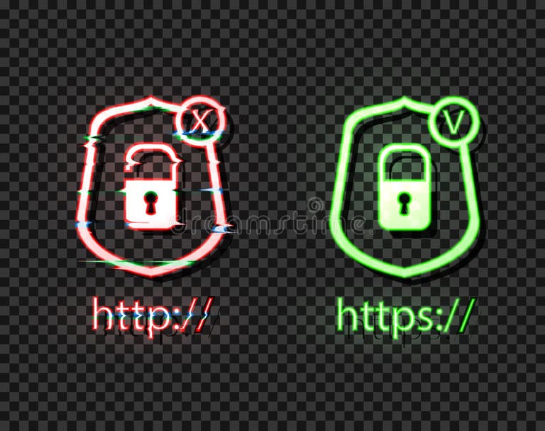 Vector Neon Icons: Http and Https Protocols with Lock, Bright Symbols ...