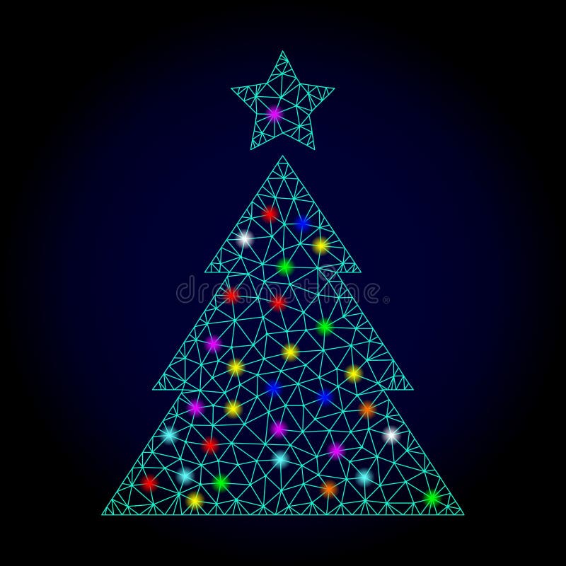 Vector Network Mesh Christmas Tree with Glowing Spots for New Year ...