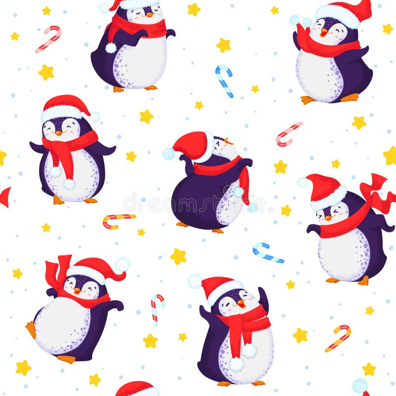Seamless Pattern with Cute Dancing Penguins in Christmas and Elf Hats ...