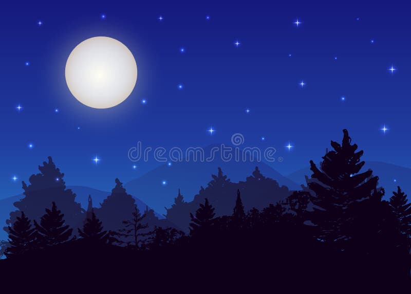 Vector Night Landscape with Spruce Forest, Strarry Sky and Full Moon ...