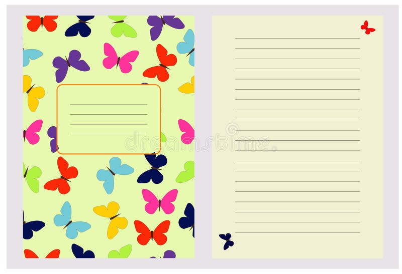 Vector Notebook and Lined Page Layout with Colorful Butterflies. Stock ...