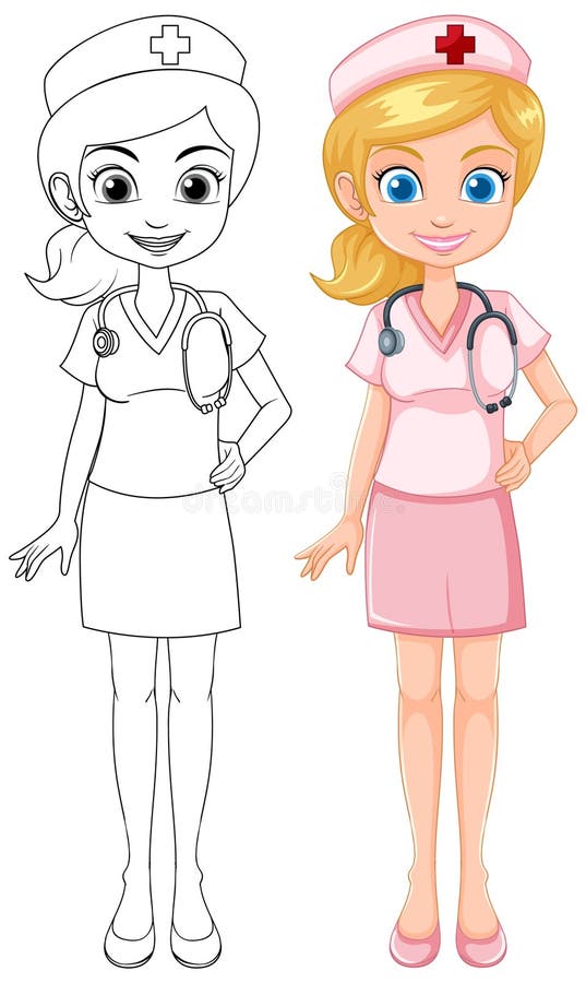 Nurse in Uniform, Colored and Line Art Stock Vector - Illustration of ...