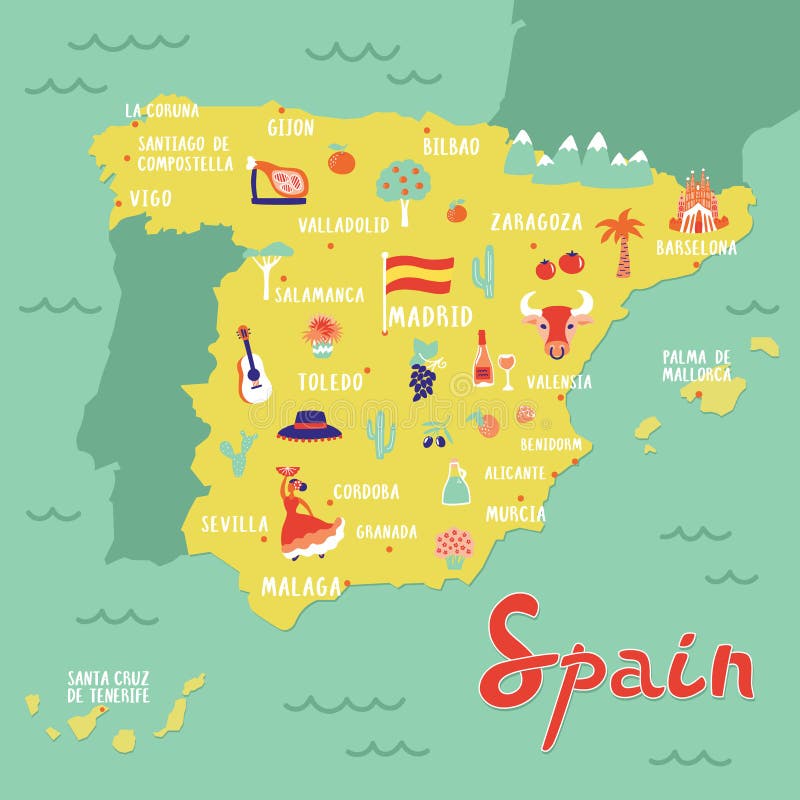 Vector O Mapa Da Espanha Com Marcos, Povos, Alimento E Plantas ...
