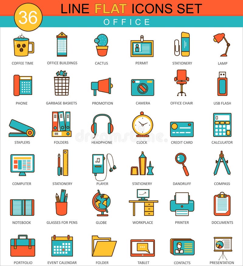 Vector Office Flat Line Icon Set. Modern Elegant Style Design for Web ...
