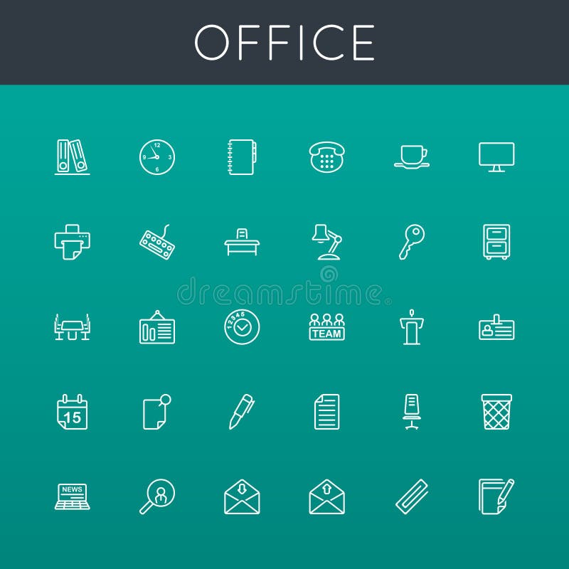 Office Line SIGNED Icon Set, Workspace Symbols Collection, Vector ...