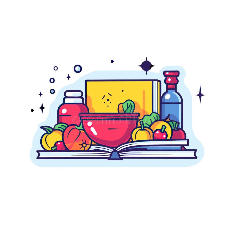 Vector of an Open Book with a Bowl of Fruit and a Bottle, Representing ...