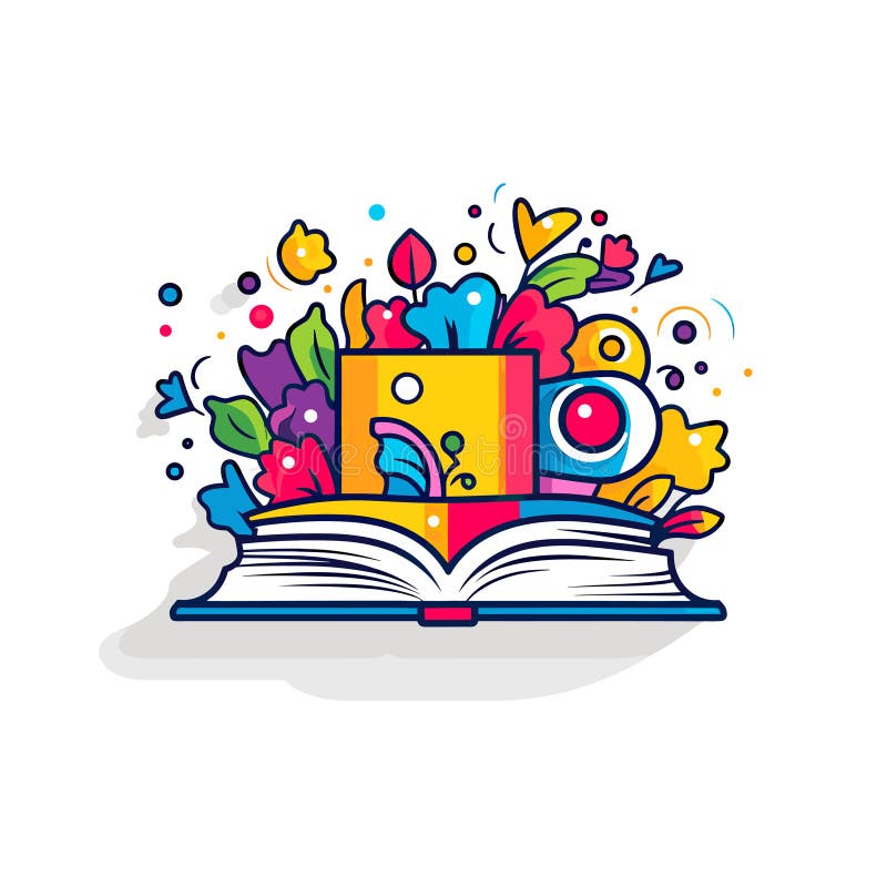 Vector of an Open Book with Colorful Objects Bursting Out in a Vibrant ...