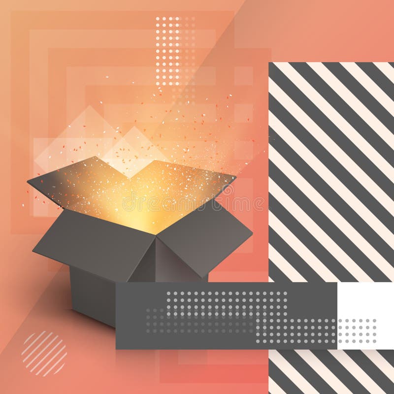 Vector Open Box. Realistic 3D Magic Box on Modern 90s Style Stock ...
