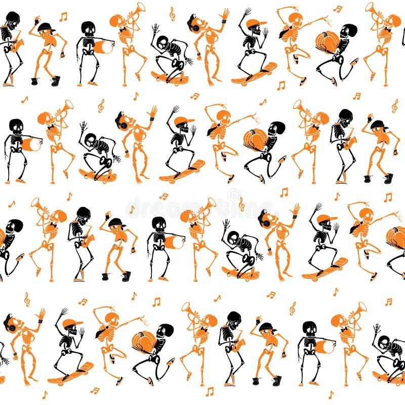 Vector Orange, Black Dancing and Skateboarding Skeletons Haloween ...