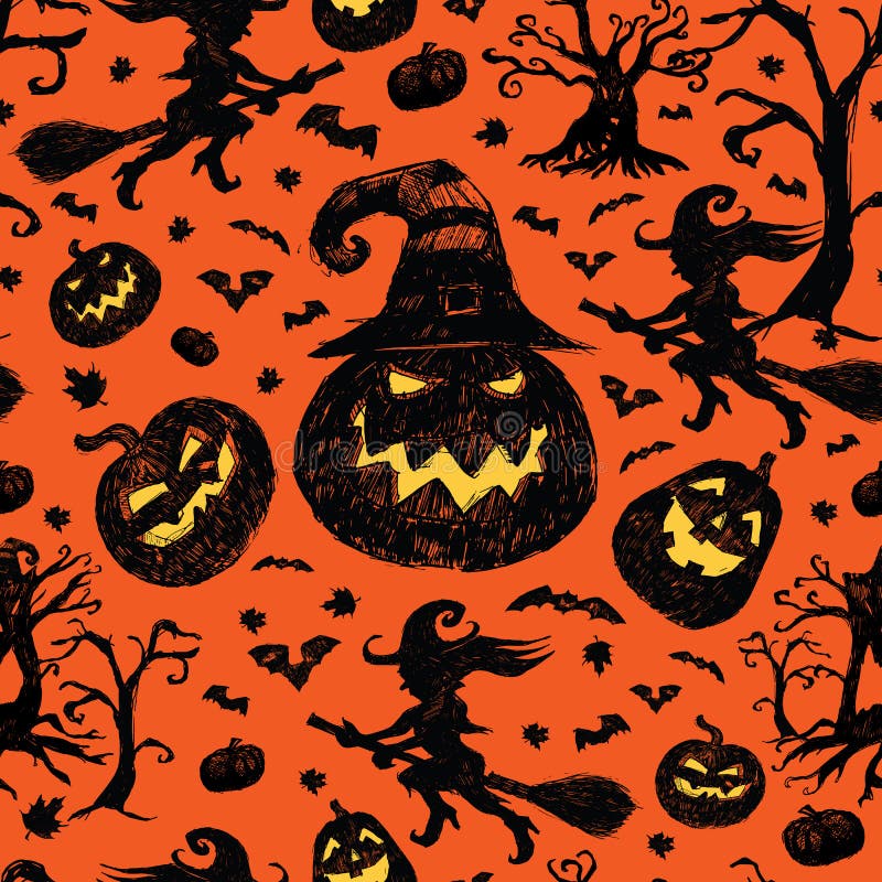 Vector Orange and Black Hand Drawn Halloween Repeat Pattern. Suitable ...