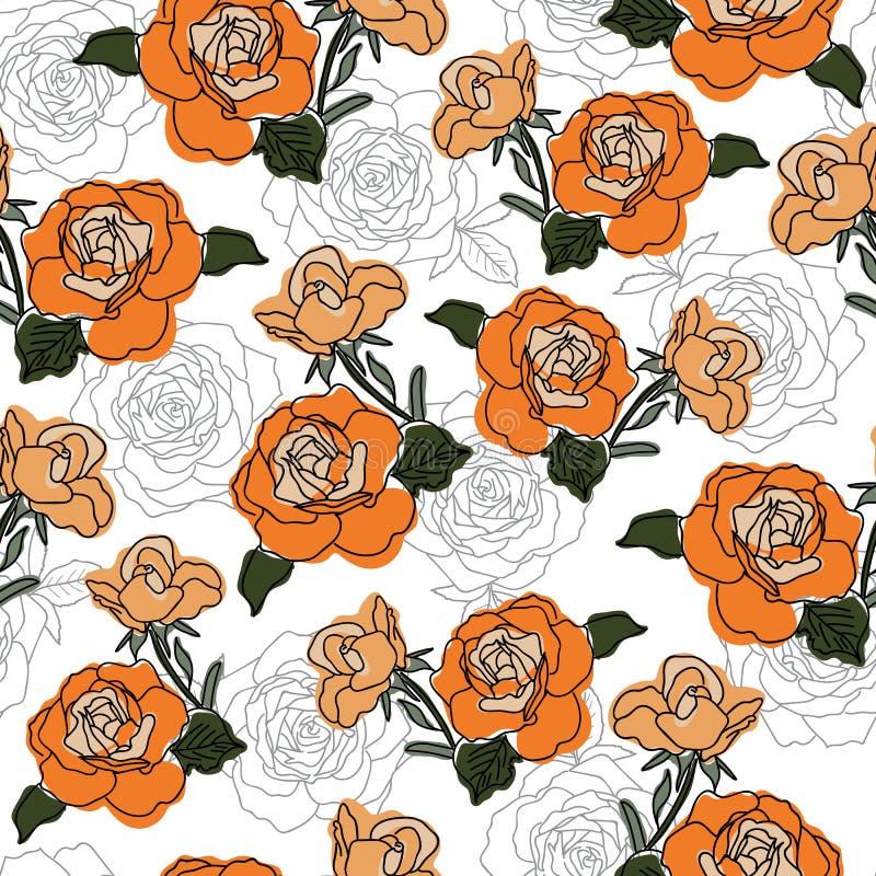 Vector Orange and Green Colored Roses with Rose Texture Seamless ...