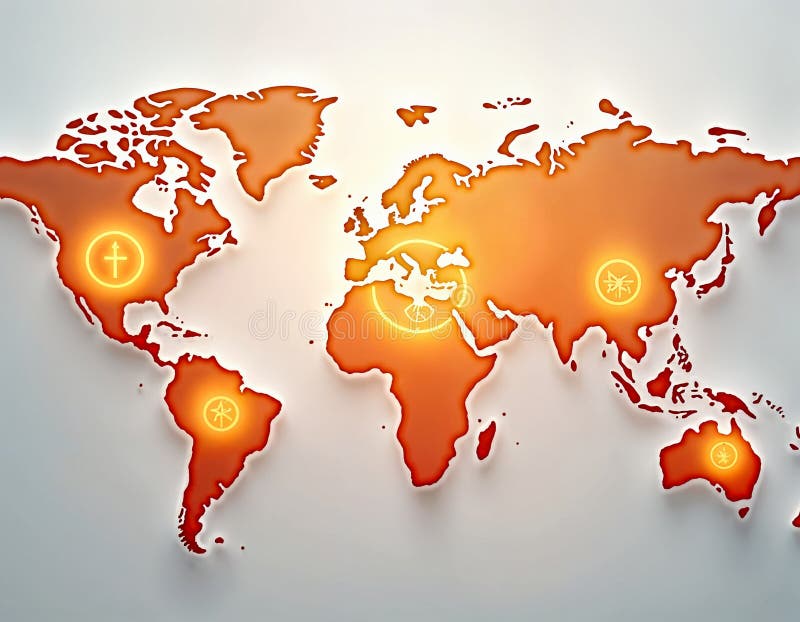 Vector of an Orange Map of the World with Glowing Religious Symbols on ...