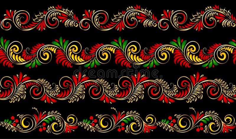 Vector Ornate Seamless Borders Set in Russian Hohloma Style Stock ...