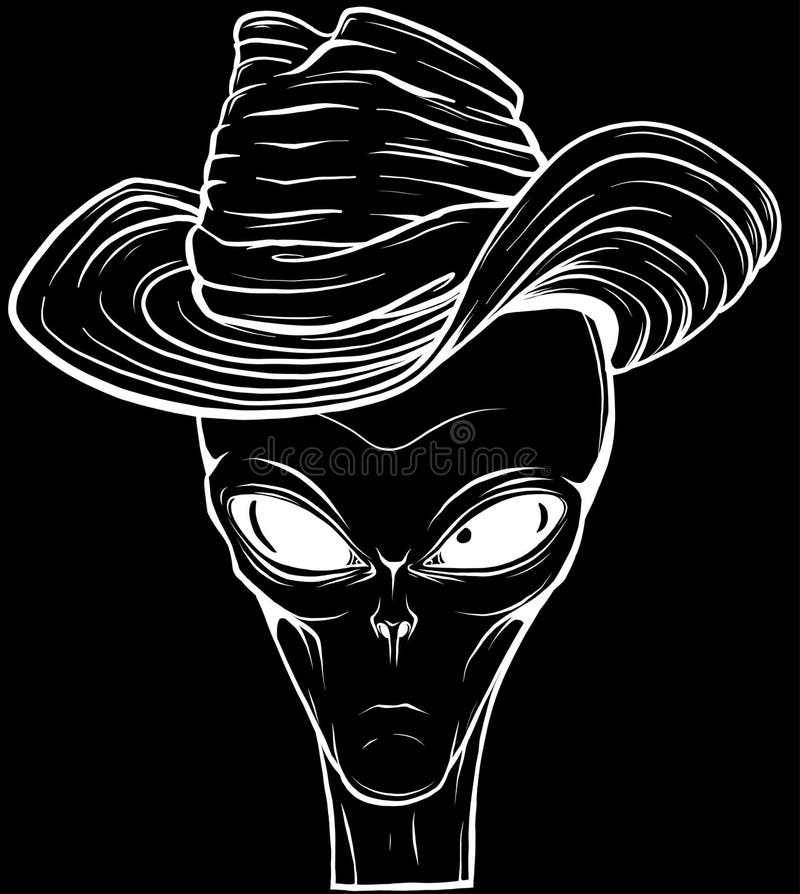 Vector Outline Alien Head in White Line on Black Background Stock ...
