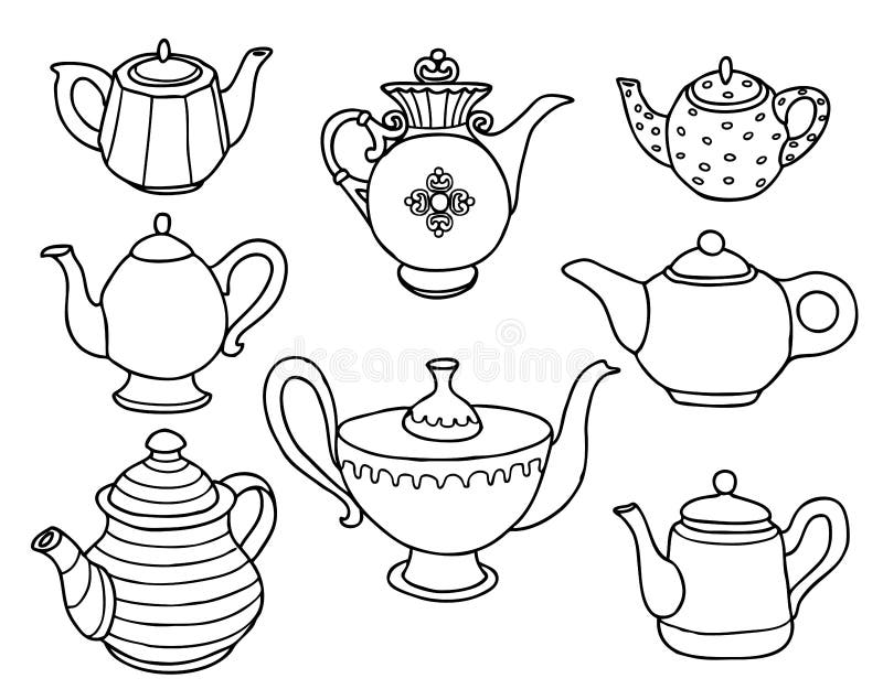 Vector Outline Drawing of Collection Various Teapots Stock Vector ...